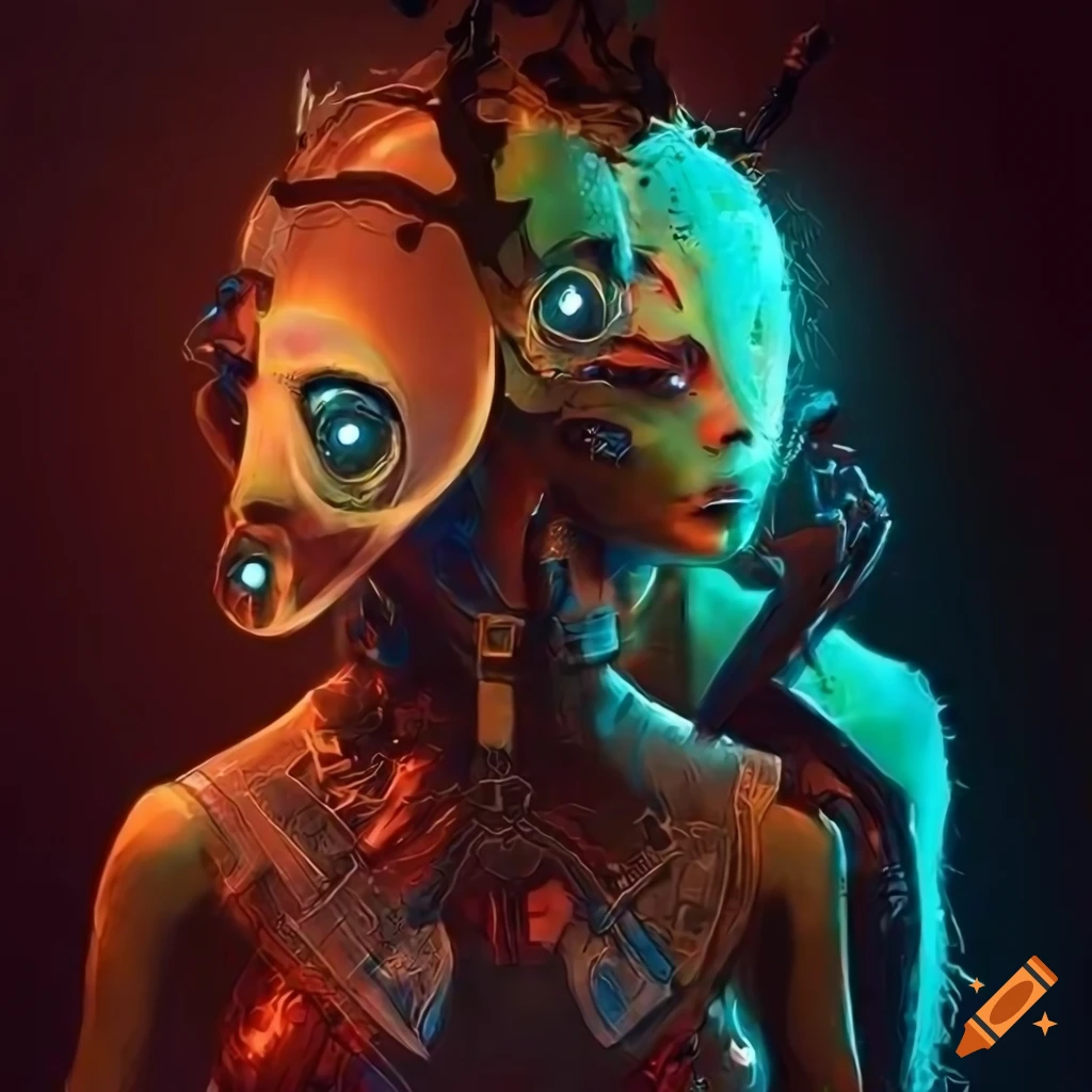 Digital illustration of a biopunk family in a futuristic setting with ...