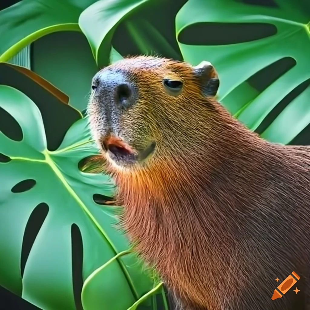 Capybara behind a monstera plant on Craiyon