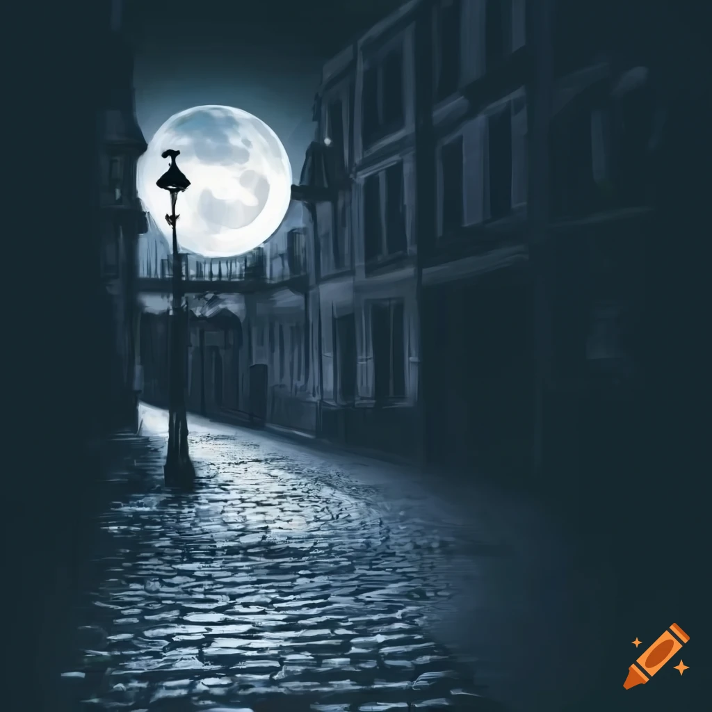 Dark street with moon on Craiyon