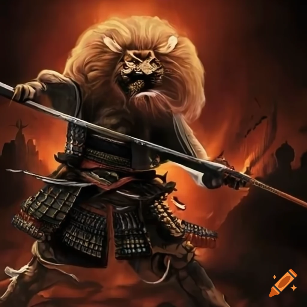 Samurai lions engaged in a sword fight on Craiyon
