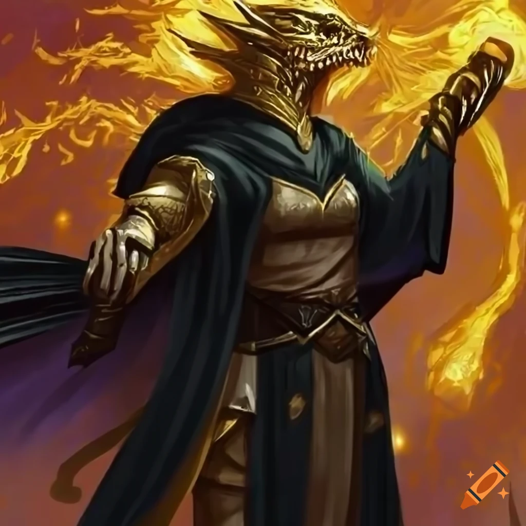 Gold dragonborn dnd character with a magical book and aura on Craiyon