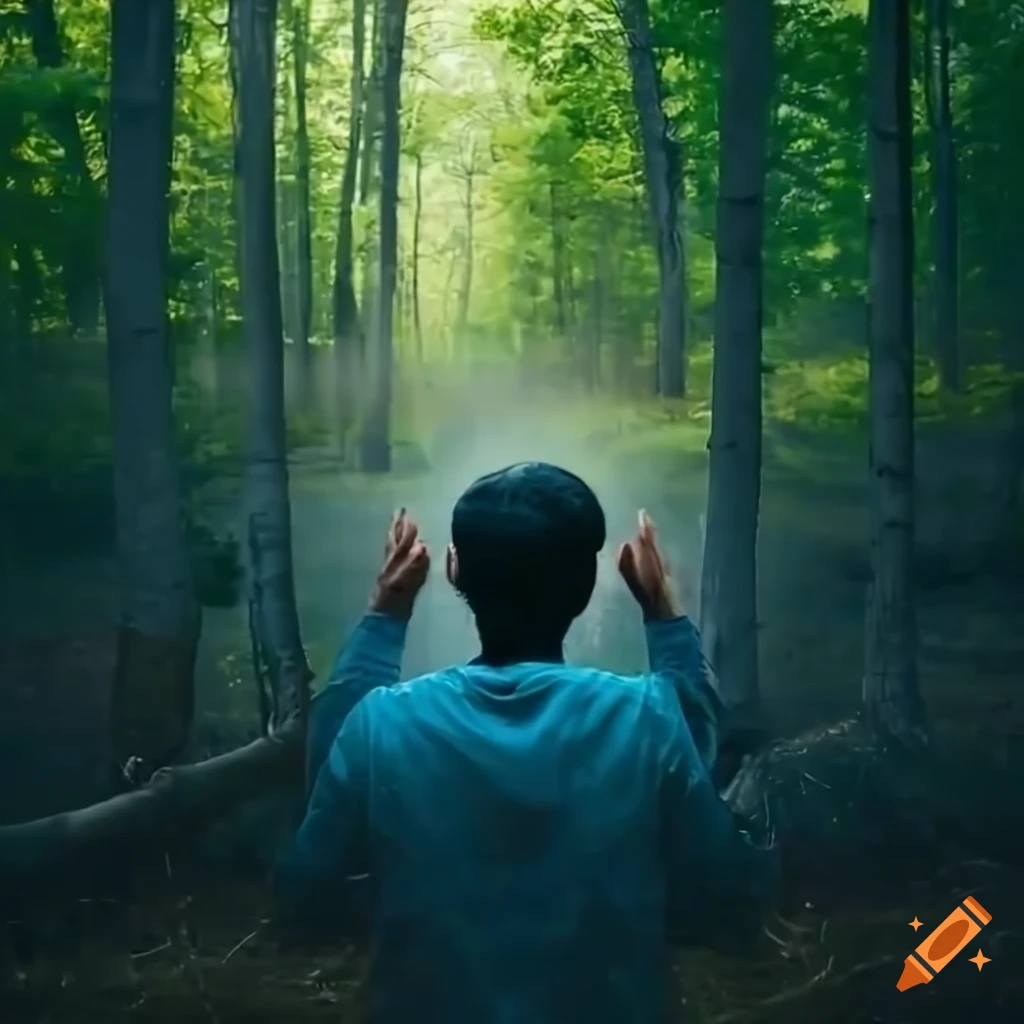 First person view of a man in a forest looking at his hands in front of ...