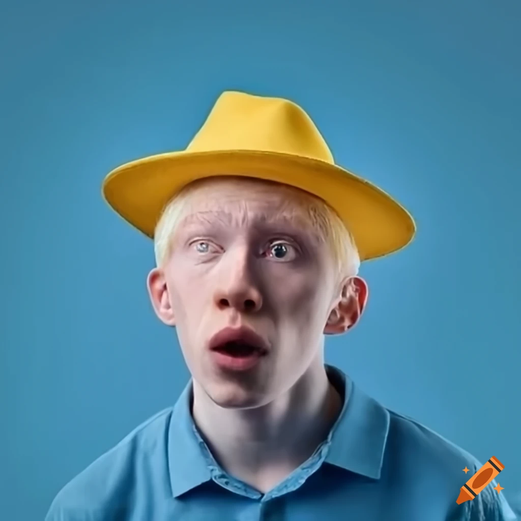 Confused albino man in a blue shirt and yellow fedora on Craiyon