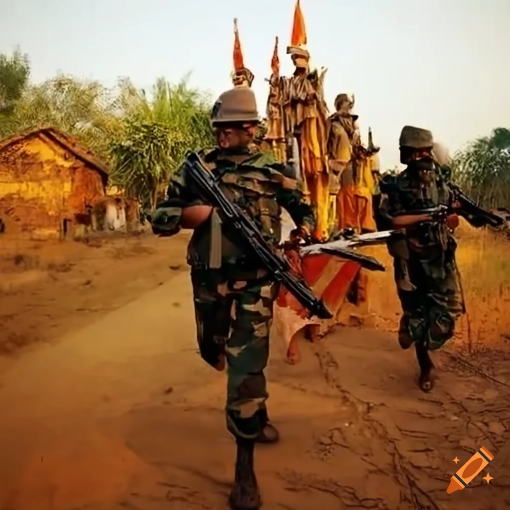 Futuristic image of Hindu Indian Armed Soldiers marching through an ...