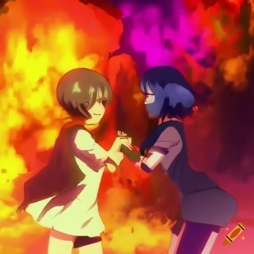 Anime girls in a colorful fight with explosions in the background on ...