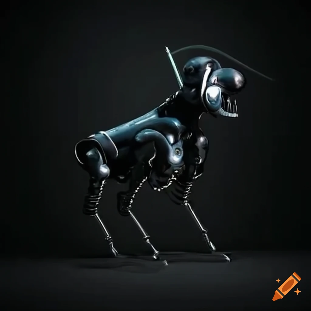 Black metal slender robot hunting dog with a needle in its mouth on Craiyon