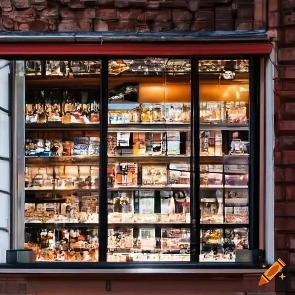 Frontal view of a newsagent store window on Craiyon