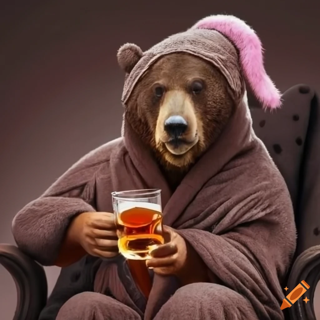 Bear in a sleeping hat and robe enjoying a glass of bourbon in a comfy ...