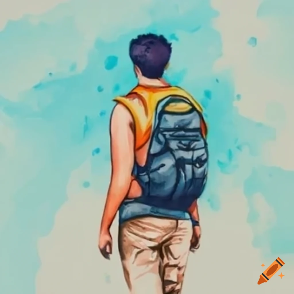 Traveling man backpacking along a path in line art style on Craiyon