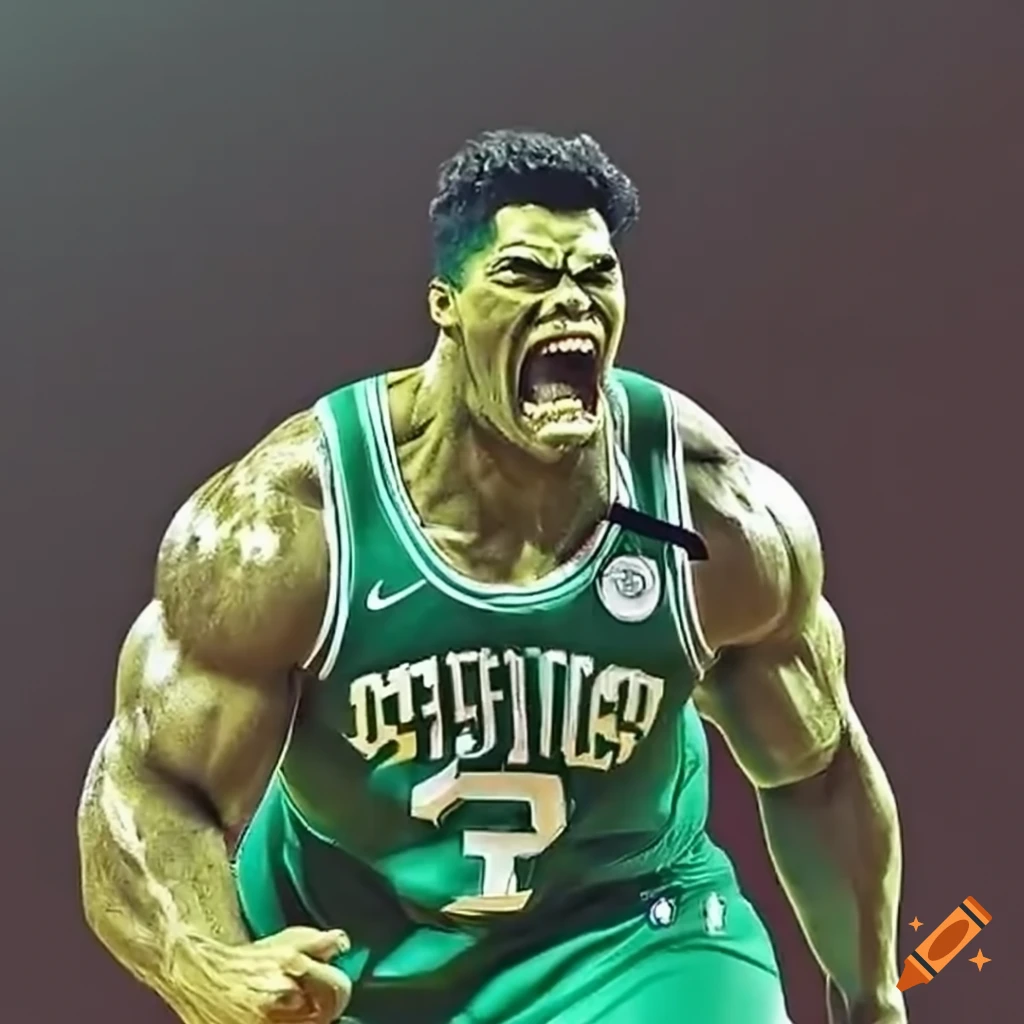 Powerful hulk wearing boston celtics jersey making a dunk on Craiyon