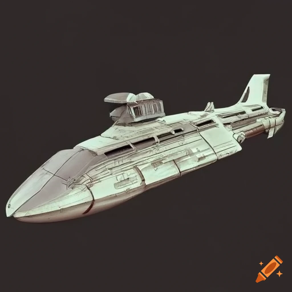 70s sci-fi art of a steel submarine-like spaceship with jet wings in a ...