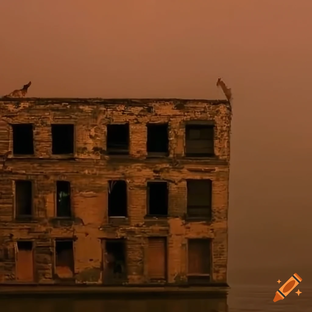 Close-up of abandoned brick buildings sinking into ocean in a glowing ...