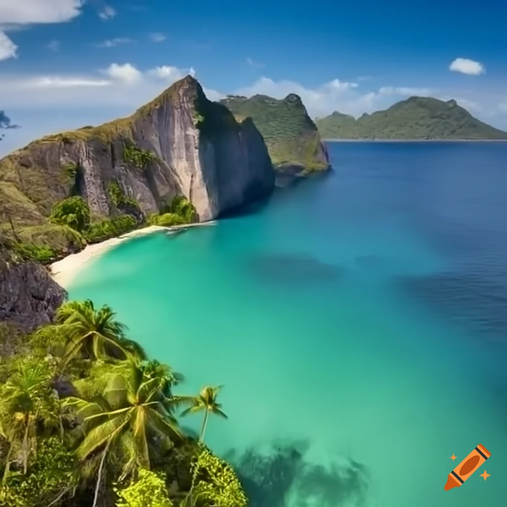 Tropical bay with cliffs on Craiyon