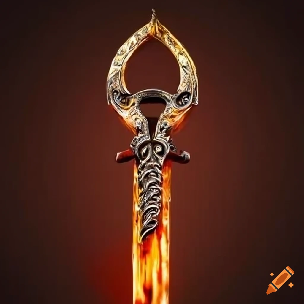 Intricately designed steel xiphos with a red-hot center and a symbol of ...