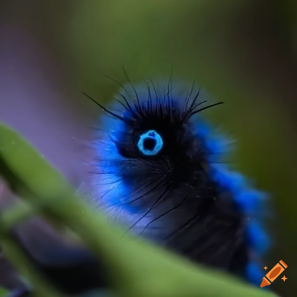 Black fuzzy caterpillar with small blue glowing eyes on Craiyon
