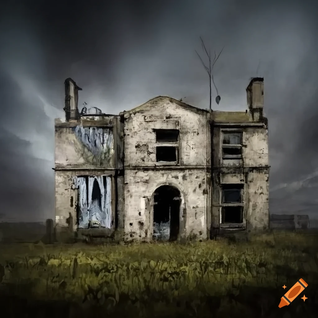 Painting of derelict building with graffiti in the style of lee ...