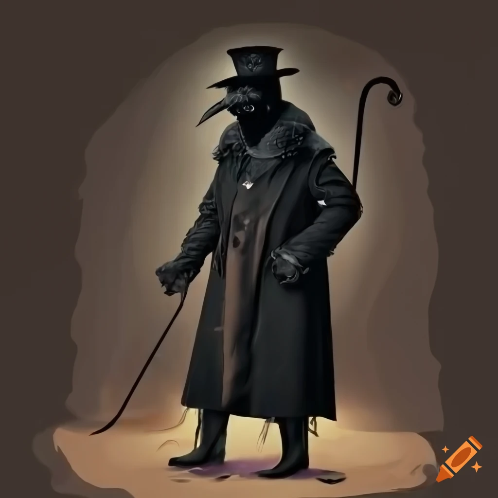 Plague doctor standing in full body pose with black furcoat, boots, top ...