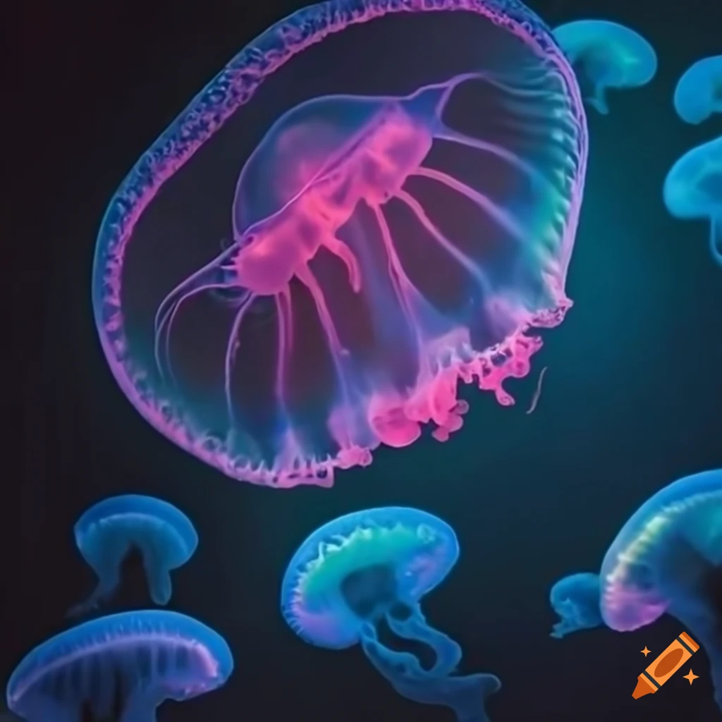Bioluminescent jellyfish in harmony with swirling space colors on Craiyon
