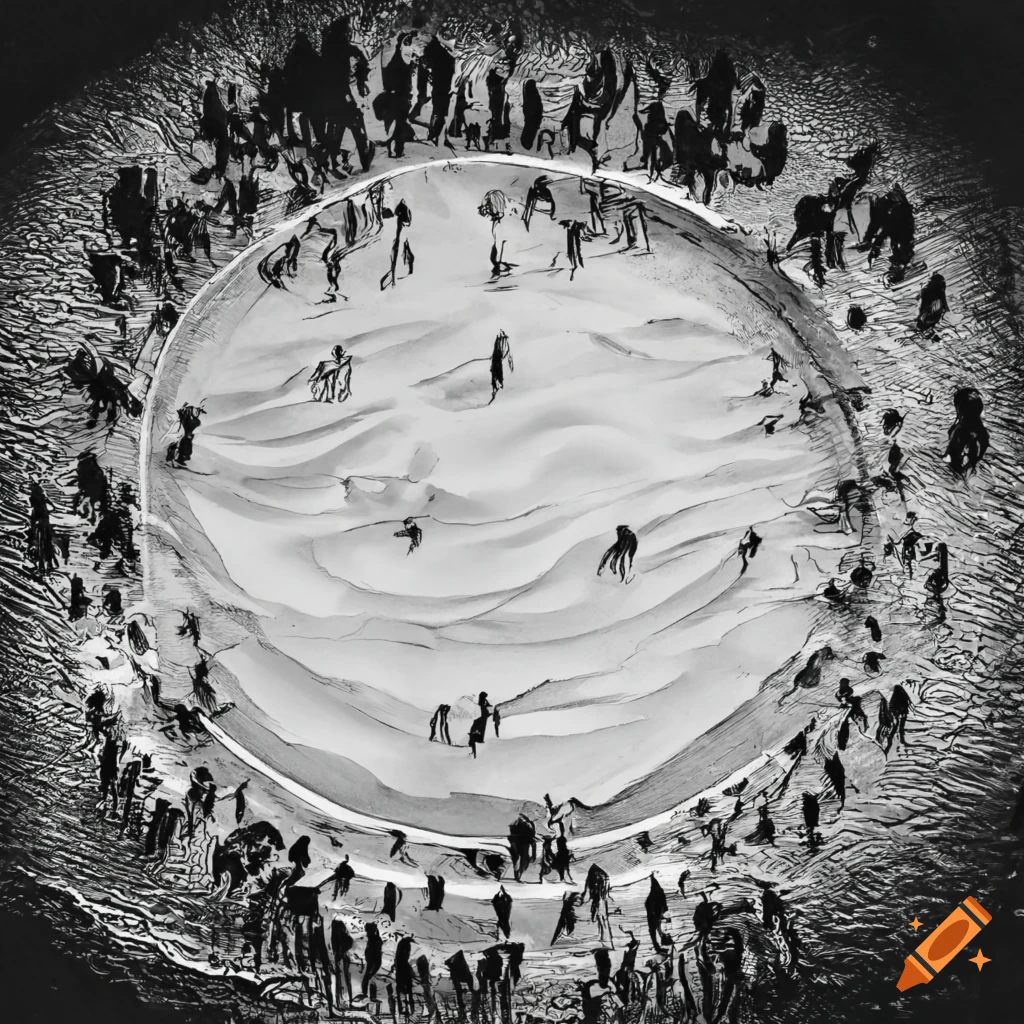 A large crowd of pilgrims around a round pool in the desert, hand-drawn ...