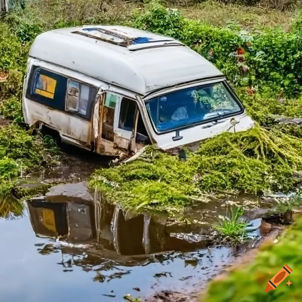 Abandoned 80s van submerged in water surrounded by moss and overgrown ...