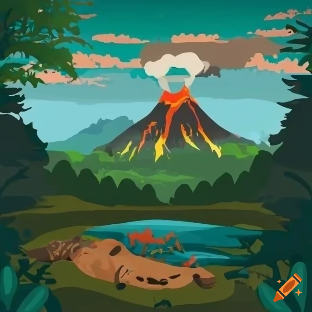Volcano in the forest with mammals, reptiles, amphibians, and river on ...