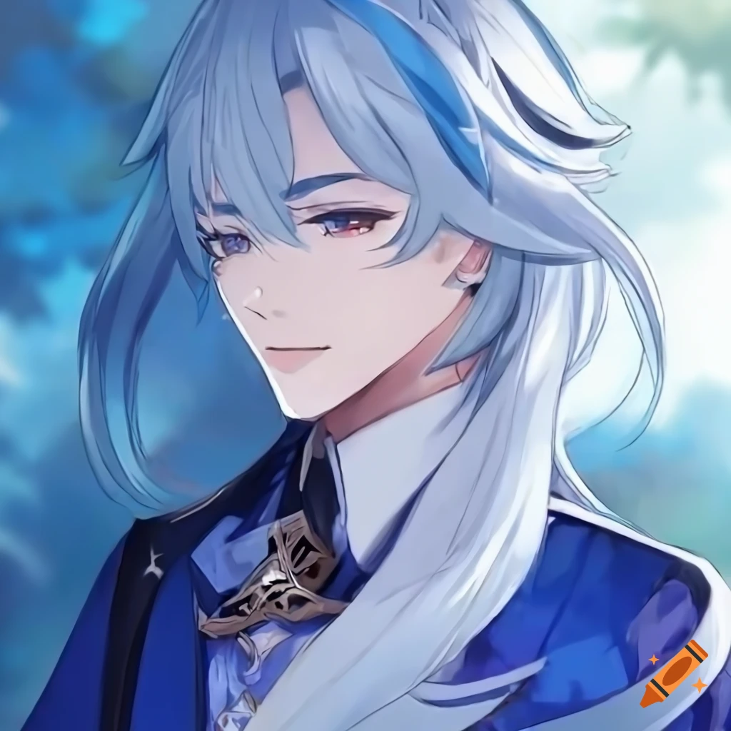 Male character with blue-themed clothing and distinctive features from neuvillette in genshin ...