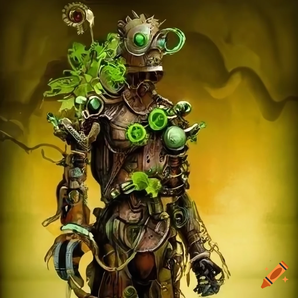 Male steampunk fantasy robot overgrown by nature on Craiyon