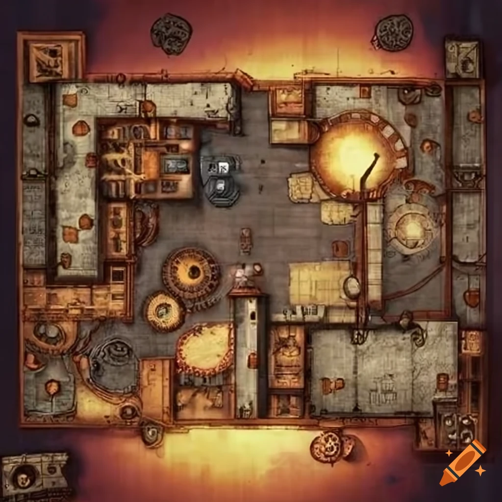 Steampunk newsroom battle map with cubicles and printing press on Craiyon