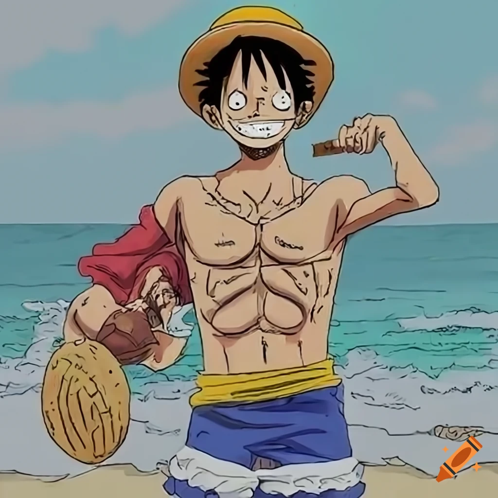 Monkey d. luffy standing on vizag seashore with his straw hat on Craiyon