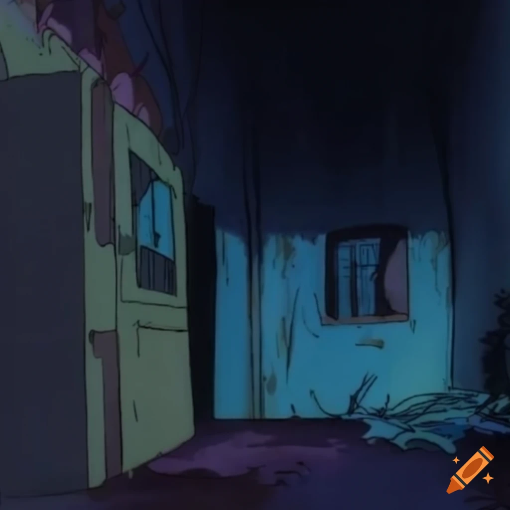 Abandoned house in a cel animation style from the 90s anime on Craiyon