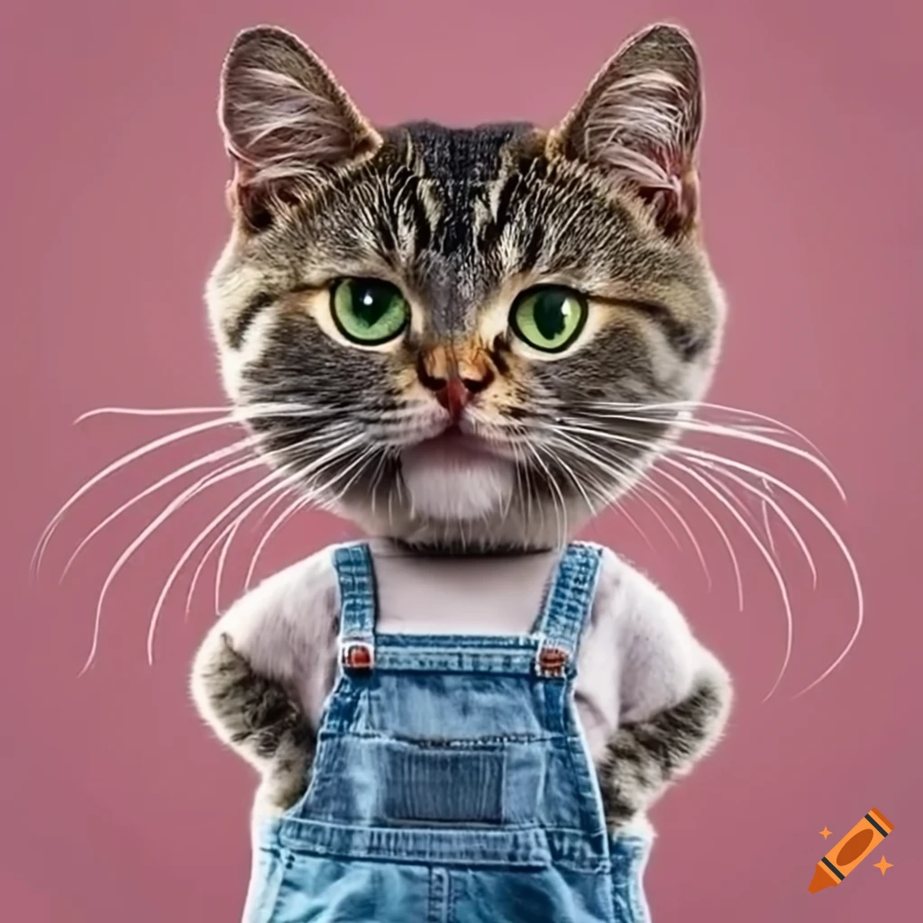 Funny cat wearing overalls with a name patch on Craiyon