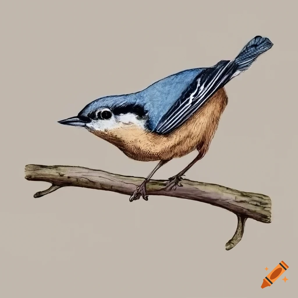 Hand-drawn scientific drawing of a nuthatch bird on an oak branch on ...