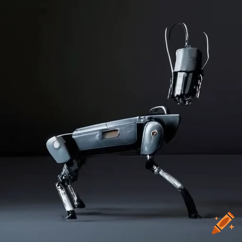 Black metal slender robot hunting dog with a needle in its mouth on Craiyon