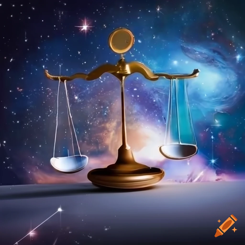 Balance scale with scientific documents and a universe picture in the ...