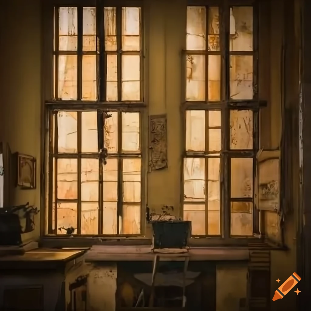 Abandoned sunny office with broken tinted glass windows in golden fog ...