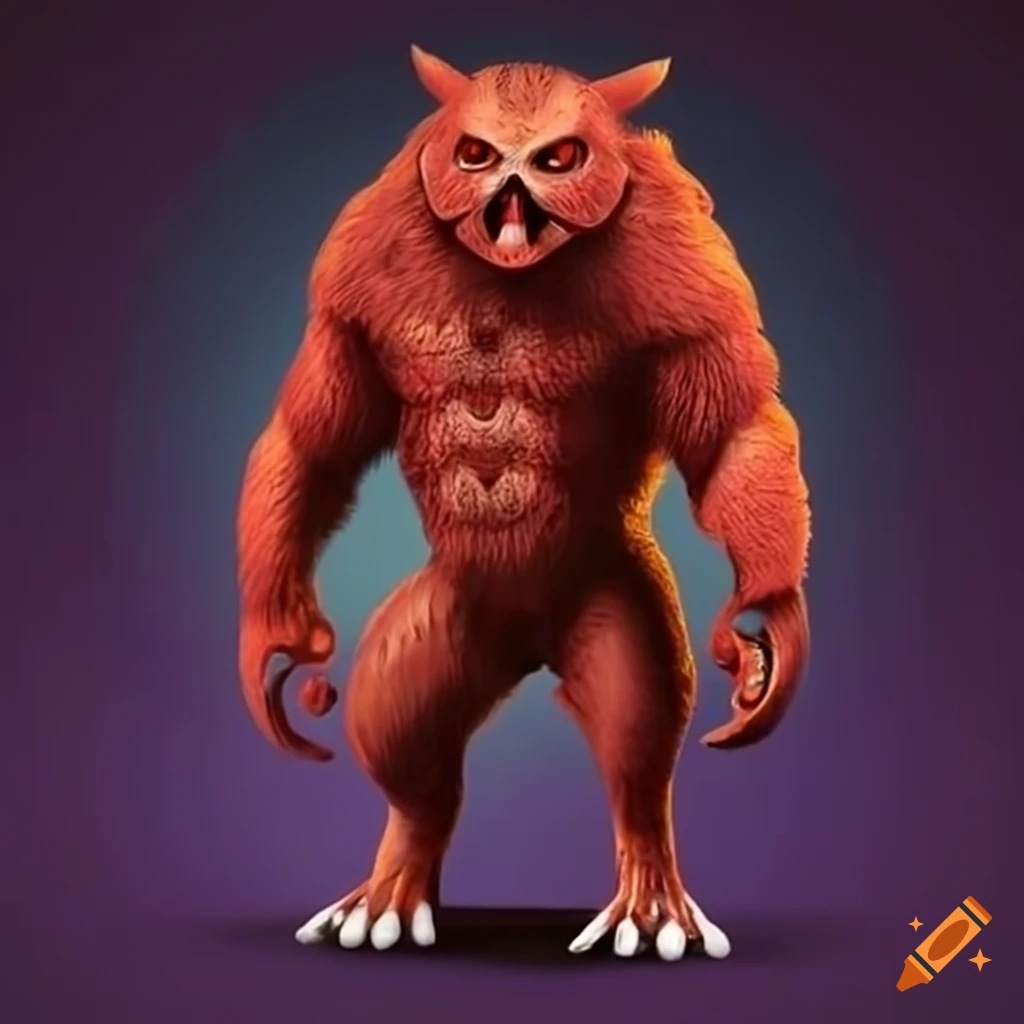 Massive red humanoid owlbear standing on Craiyon