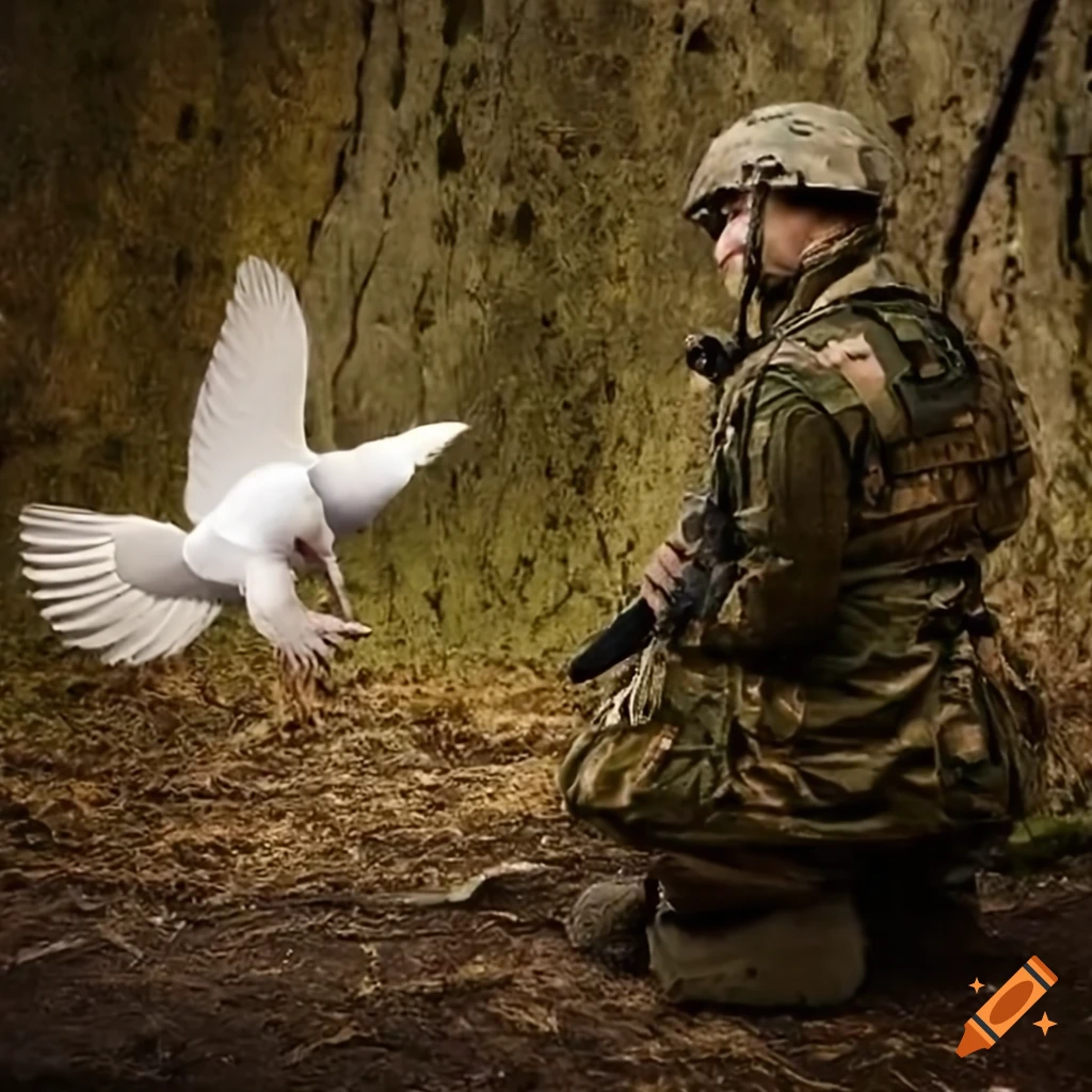 Soldier protecting a dove in a peaceful setting on Craiyon