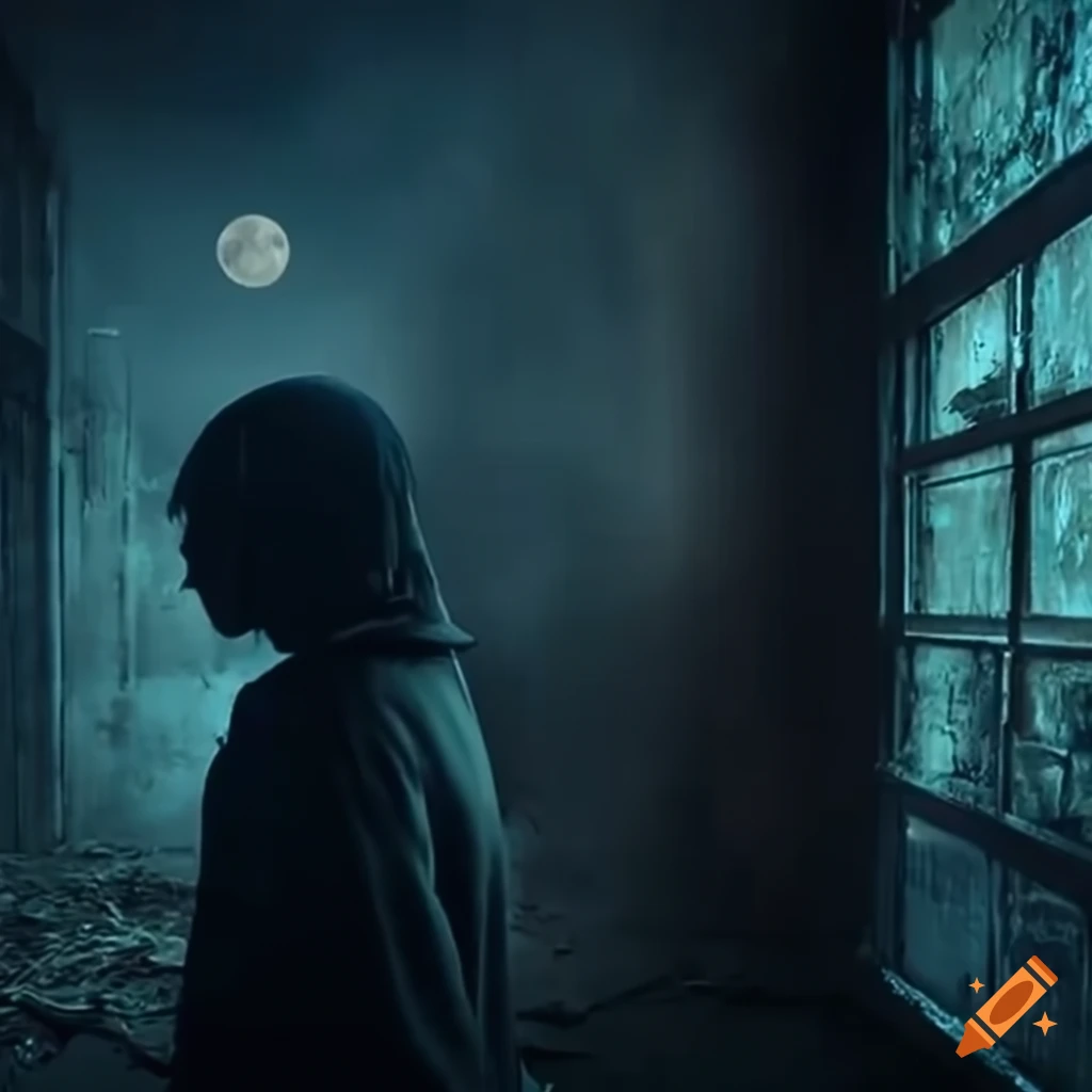 Mysterious interaction under moonlight in an abandoned building on Craiyon