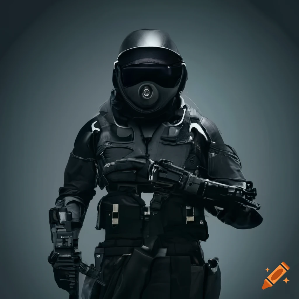 Futuristic high-tech soldier with ski goggles and bs3 mask on Craiyon