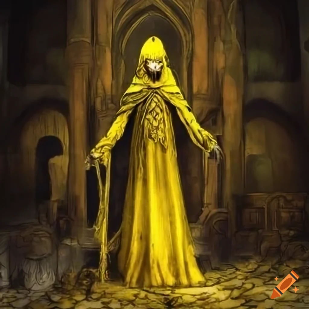 The King in Yellow standing over ruined Carcosa on Craiyon