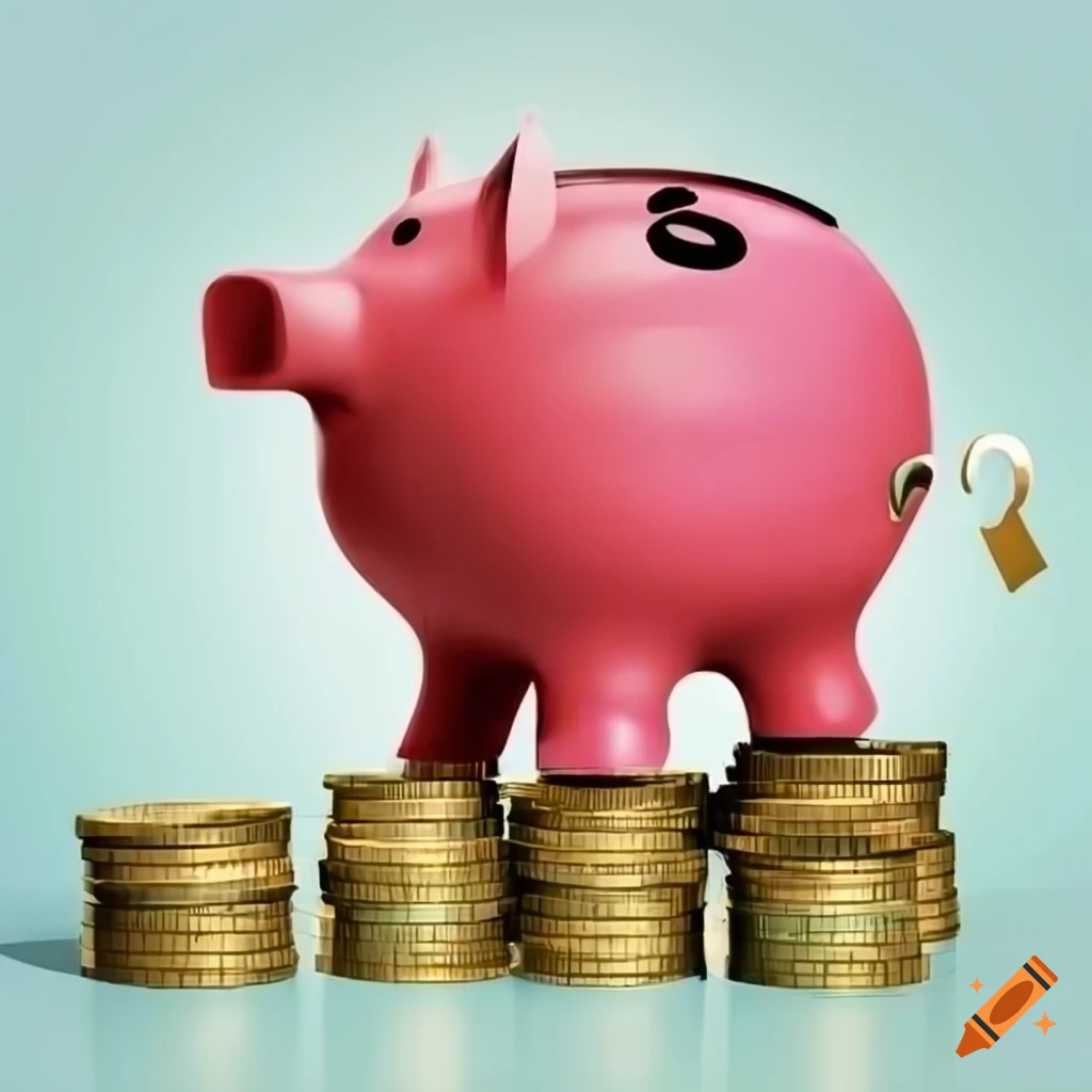 Illustration of piggy bank surrounded by coins and dollar bills with ...