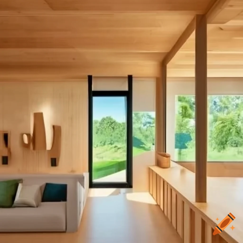 Interior of sustainable house made of mass timber on Craiyon