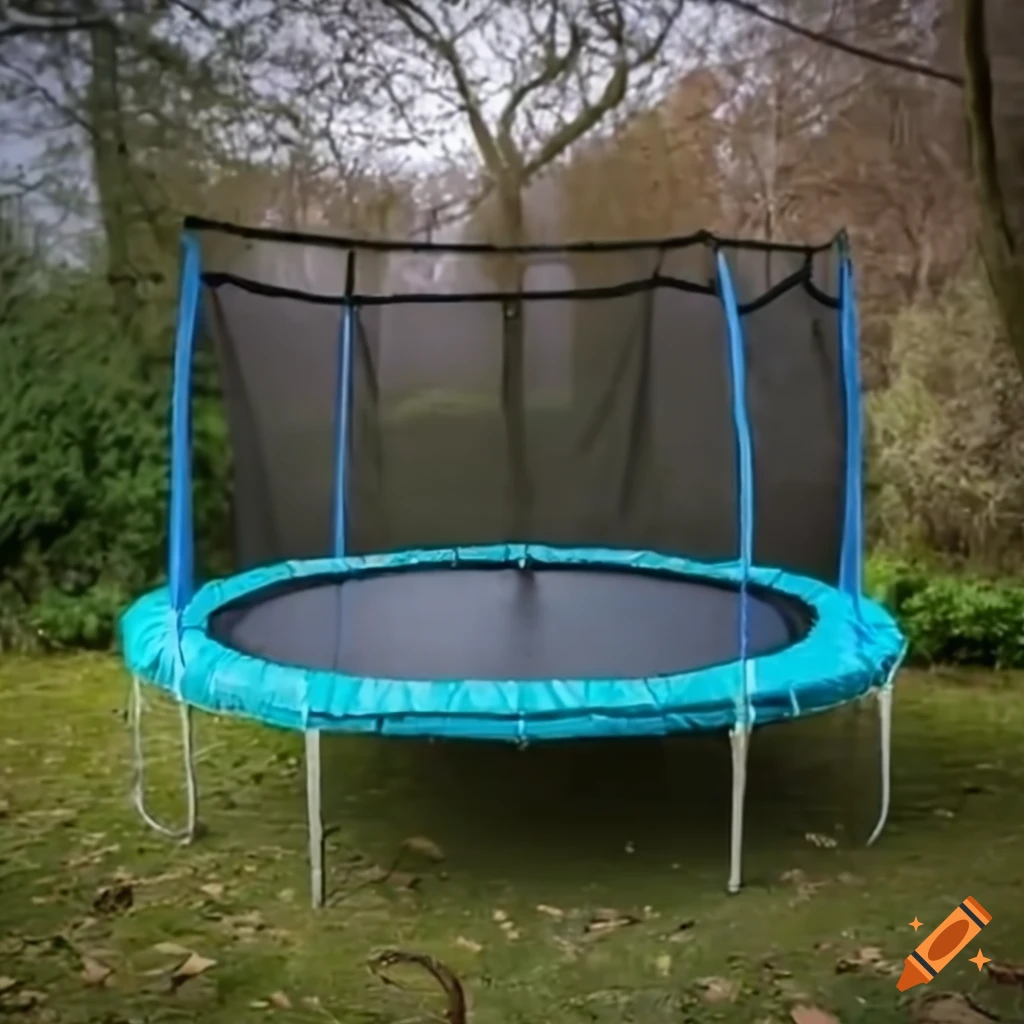 Small trampoline in a backyard of a small town with cloudy weather on ...