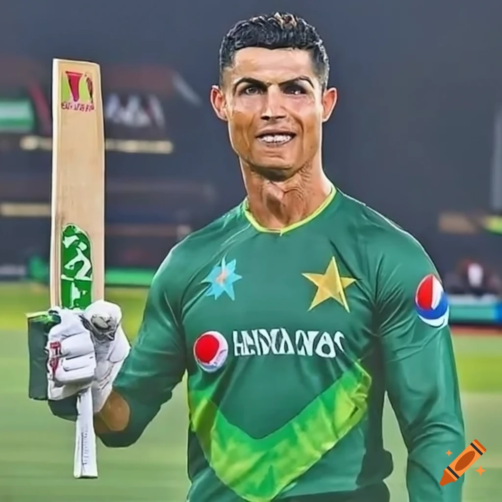 Ronaldo in green shirt playing cricket with Babar Azam with the text ...