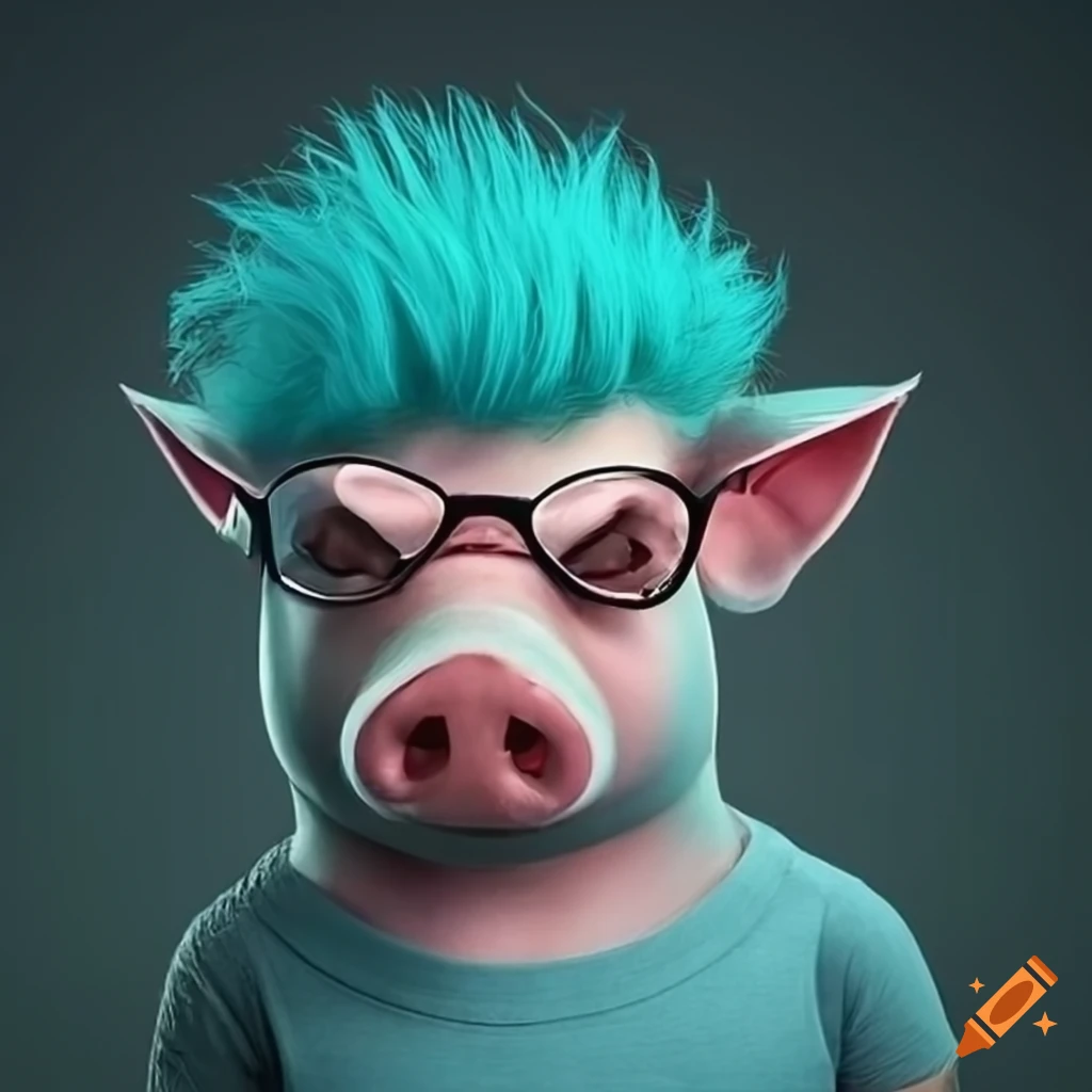Angry sow with glasses and teal side-shaved haircut on Craiyon