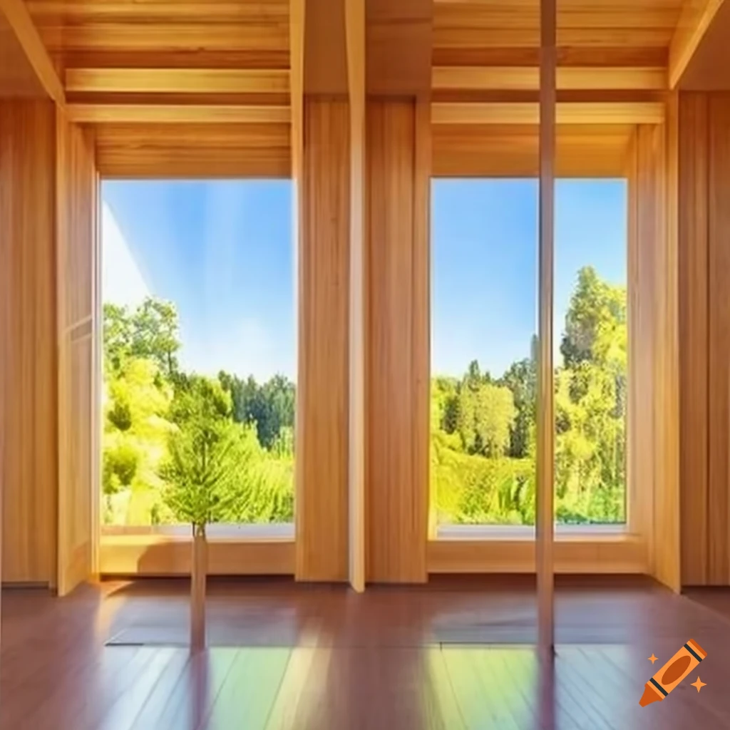 Interior of modern wooden house with big windows on Craiyon