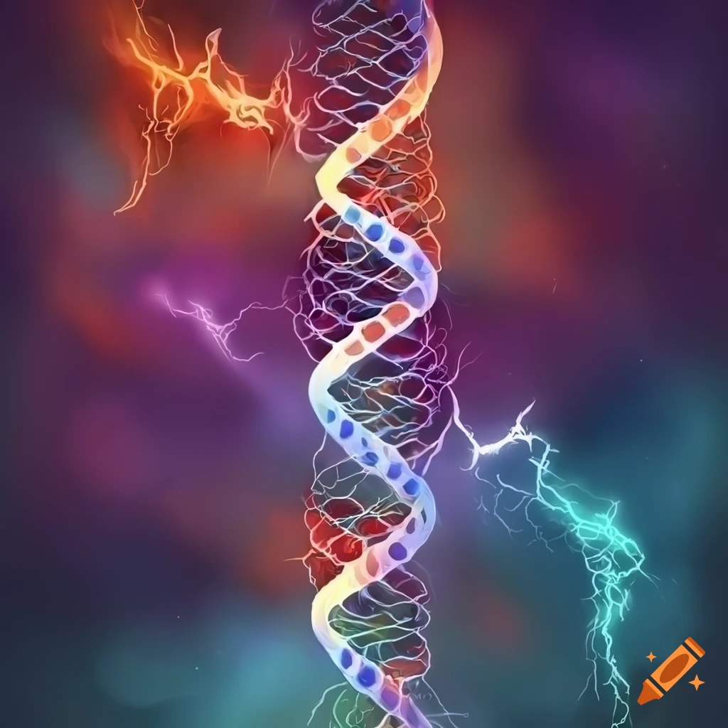 DNA helix made of fire and lightning in a fantasy art style on Craiyon