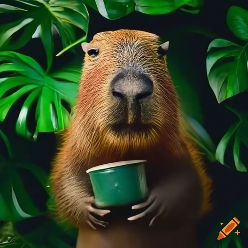 Smiling capybara holding a pot with a monstera plant on Craiyon