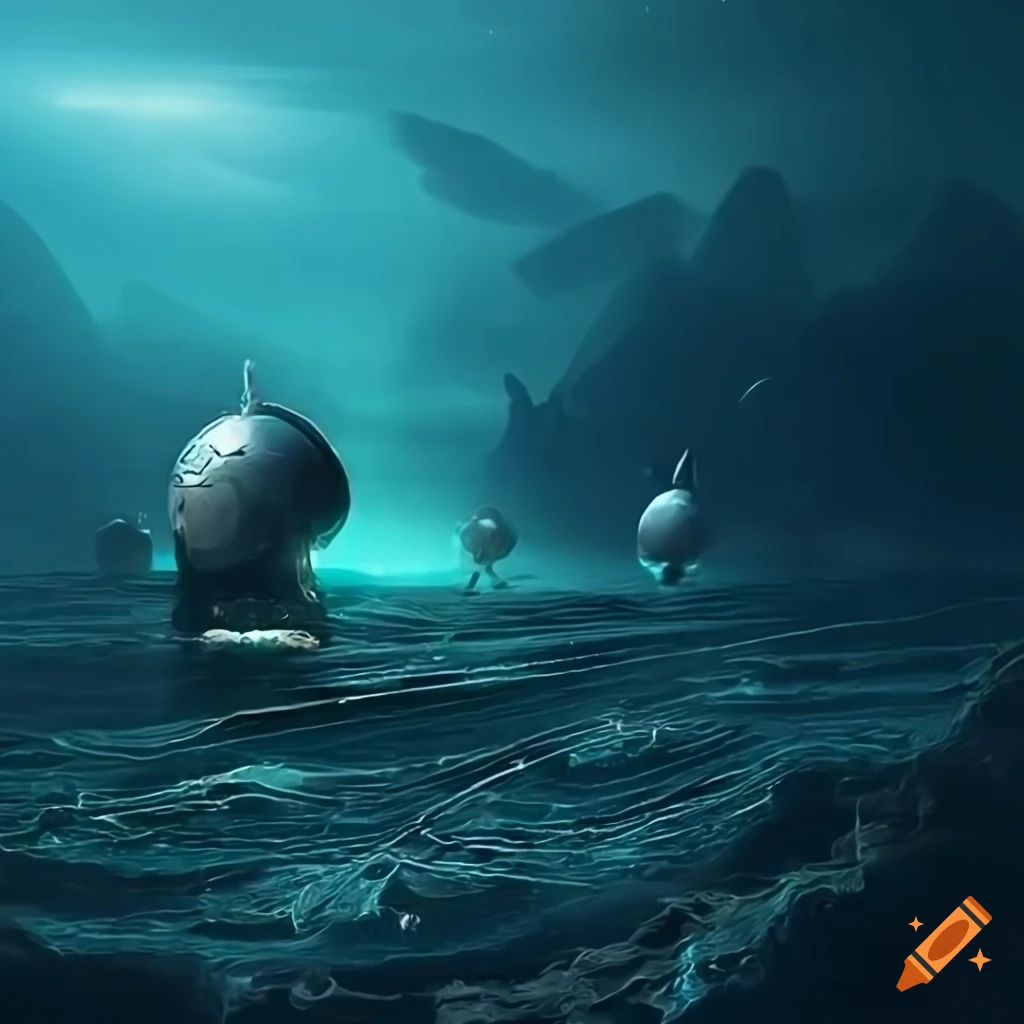 Robots rising from a vast ocean in QHD wallpaper on Craiyon