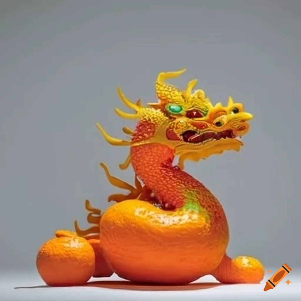 Vibrant orange tangerine shaped like a Chinese dragon on Craiyon